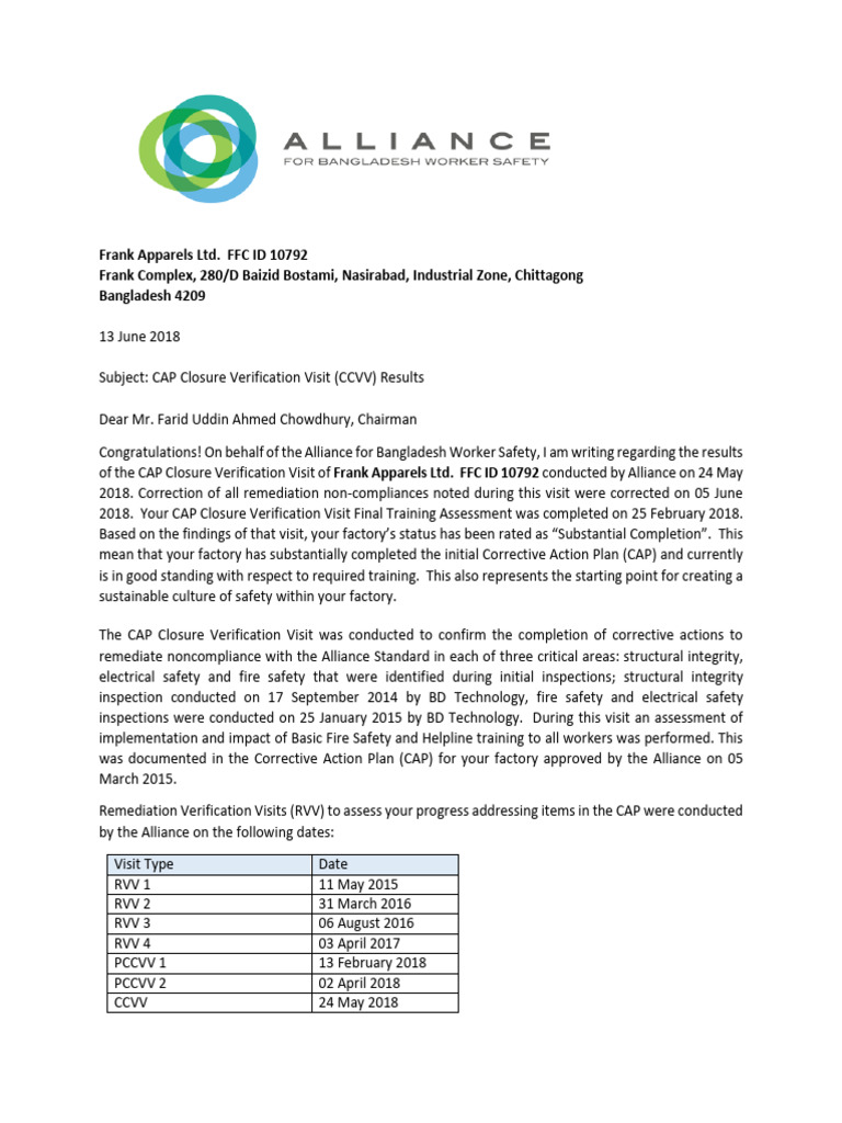 Frank Apparels CAP Closure Results 2018 | PDF | Regulatory Compliance ...