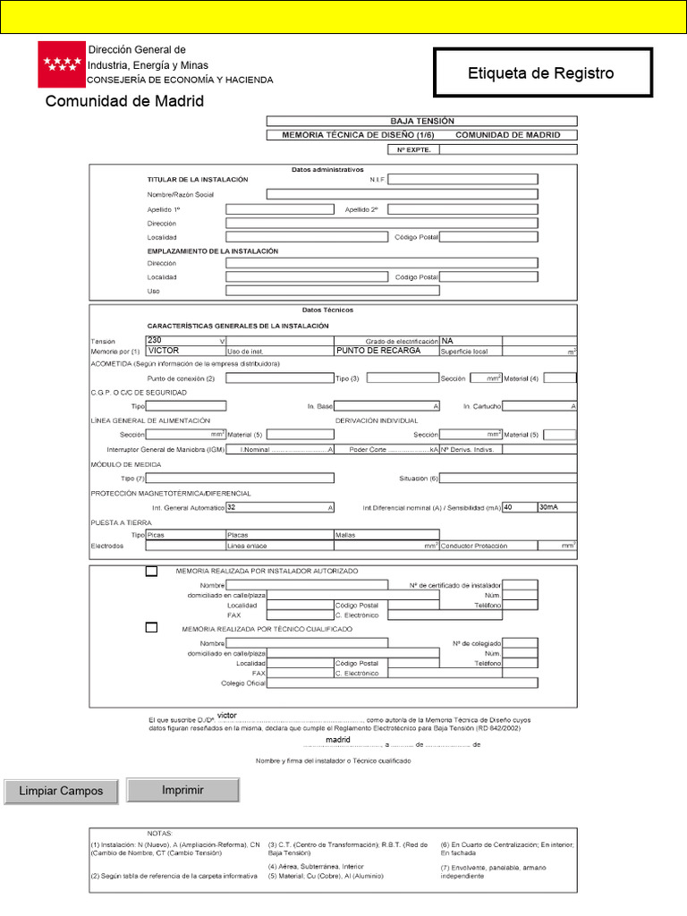 Etiqueta de Registro Comunidad de Madrid: Dirección General de Industria, Energía y Minas | PDF