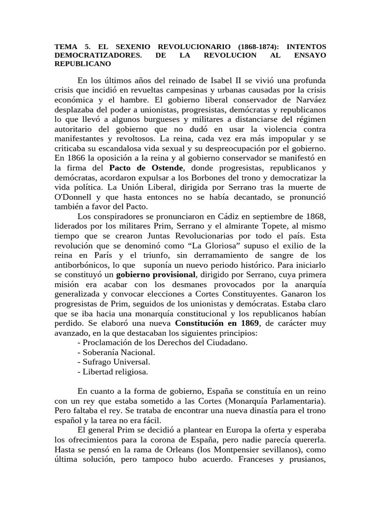 El Sexenio Revolucionario 1868-1874 Intentos Democratizadores. de La Revolucion Al Ensayo ...