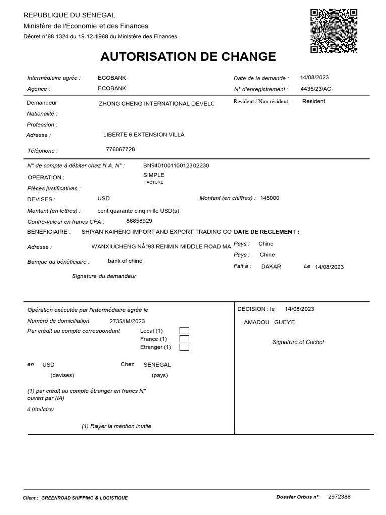 Autorisation de Change: Ministère de L'economie Et Des Finances Republique Du Senegal | PDF