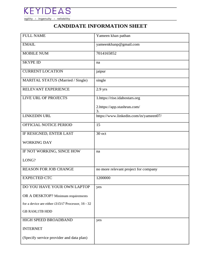 Candidate Information Sheet - React | PDF | Computer Architecture ...