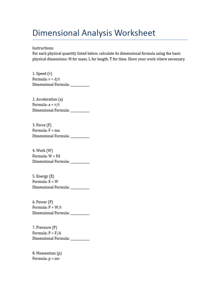 Dimensional Analysis Worksheet | PDF