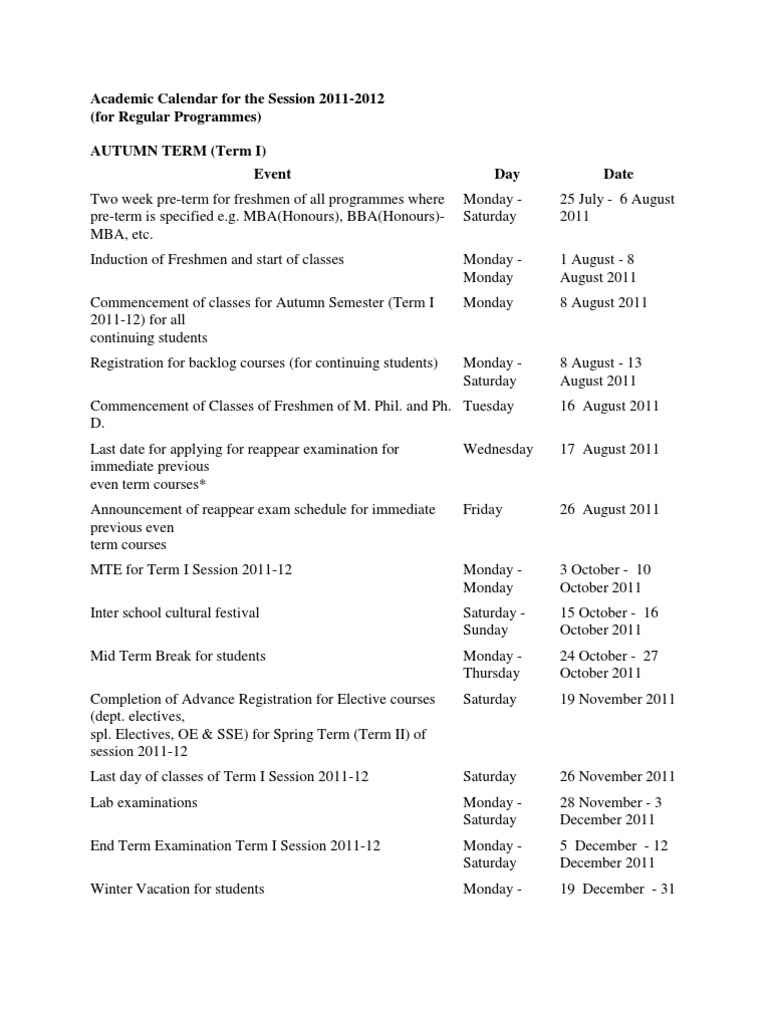 Academic Calendar For The Session 2011 | PDF | Academic Term ...