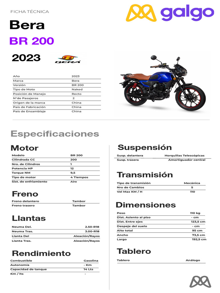 Ficha T Cnica Bera BR 200 Galgo | PDF
