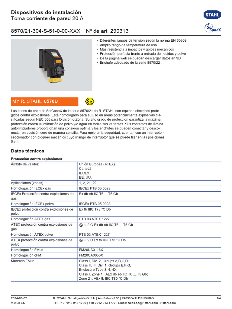 Ex Single Data Sheet 20 A Wall Mounting Socket 8570 21 304 S 51 0 00 XXX 290313 Es Es Rstahl | PDF