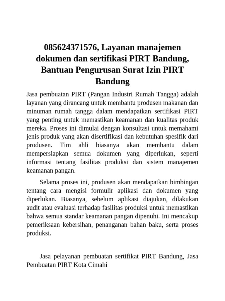 Jasa Sertifikasi PIRT Bandung | PDF | Bisnis