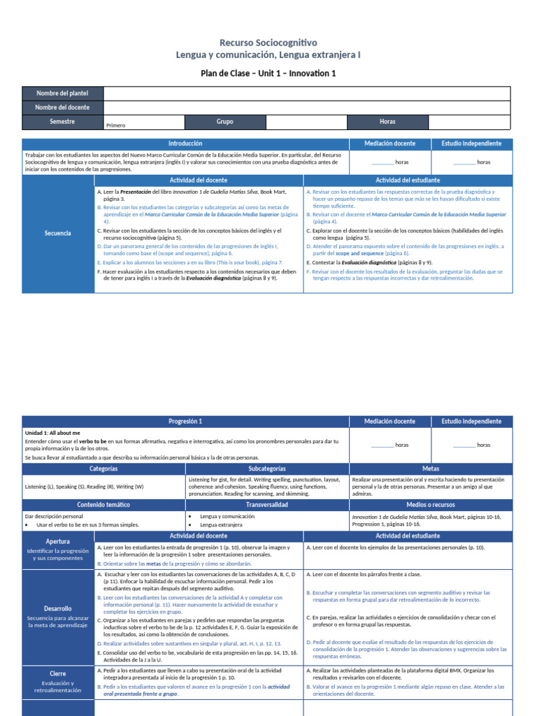 U1-Plan de Clase - Lengua y Comunicación, Lengua Extranjera I - Progresiones 1-4 - BGE | PDF