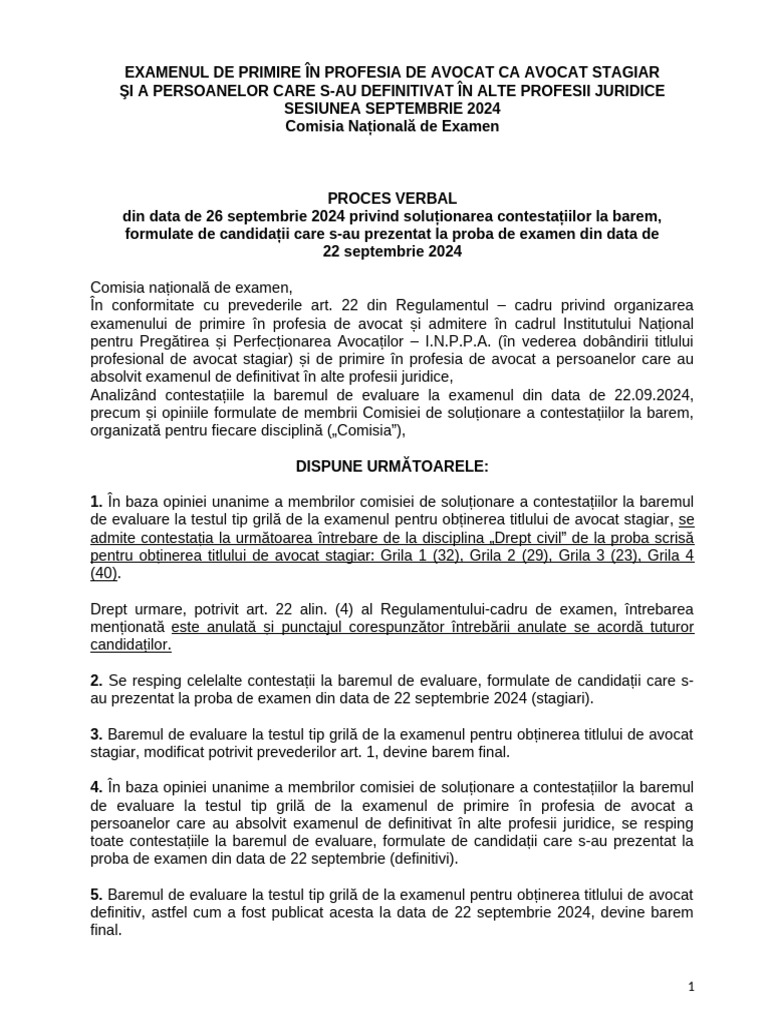 Proces Verbal Contestatii Barem Septembrie 2024 | PDF
