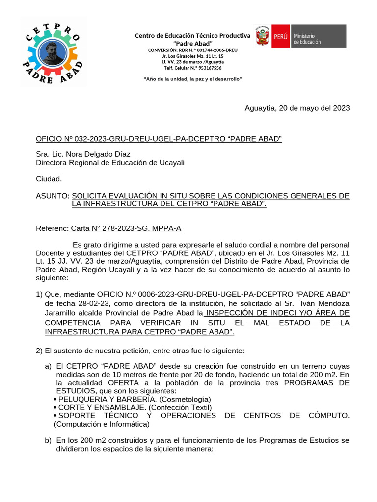 OFICIO DREU INSPECCIÓN TÉCNICA CETPRO PADRE ABAD (1) | PDF