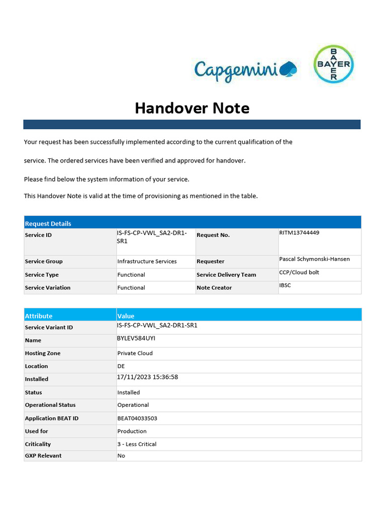 BYLEV584UYI - Handover Note - RITM13744449 | PDF