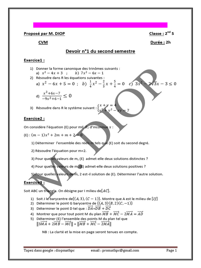 Devoir N°1 Second Semestre 2nd S | PDF