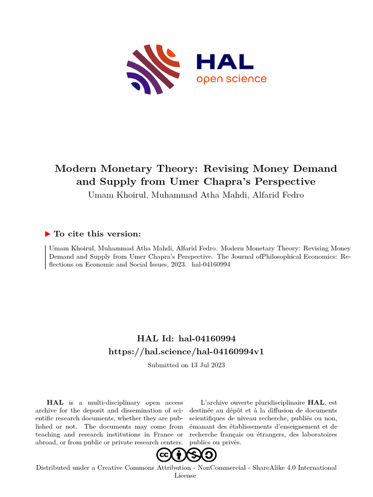 Modern Monetary Theory, Revising Money Demand and Supply From Umer Chapra's Perspective | PDF