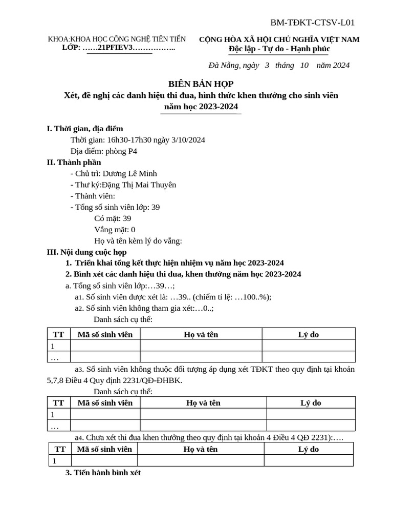 BM-TDKT-CTSV-L01 (Bien Ban Hop Binh Xet Cua HD TDKT Lop) | PDF