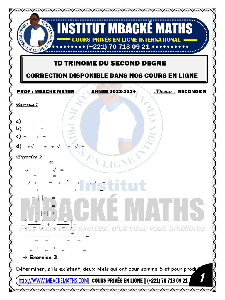 TD Trinome Du Second Degre Seconde S | PDF