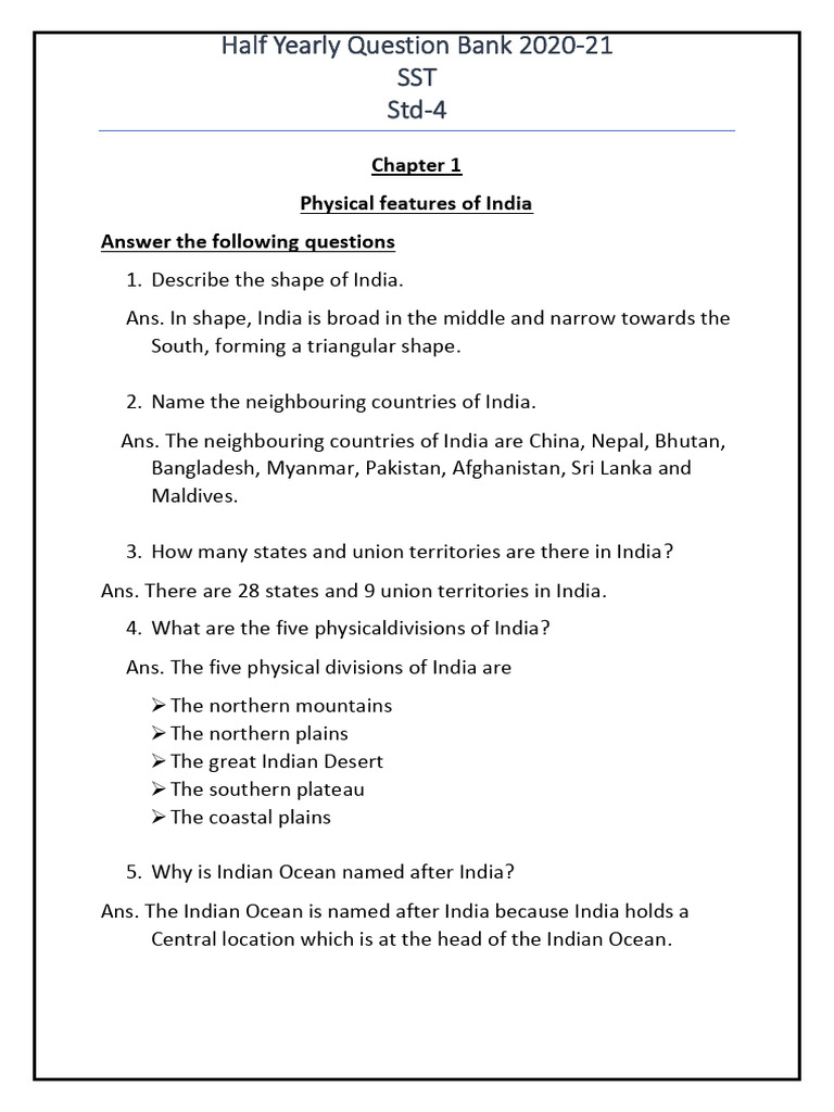 Class 4 SST Question Bank: India | PDF | Himalayas | Soil