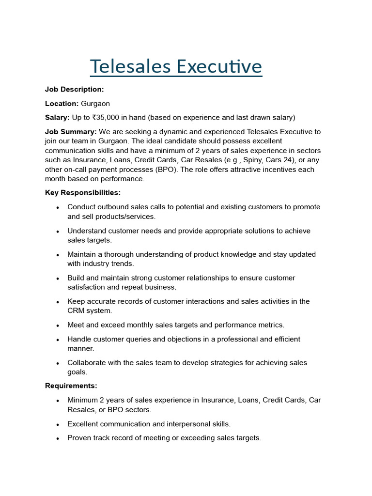 JD of Tele Sales Executive | PDF