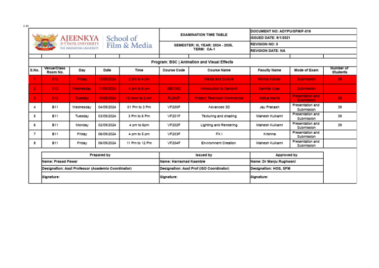 CA 1 August 2024 Timetable Semester 3 - AVE | PDF
