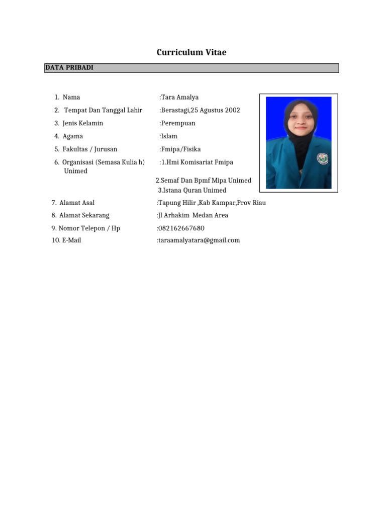 CV Terbaru Tara Amalya | PDF