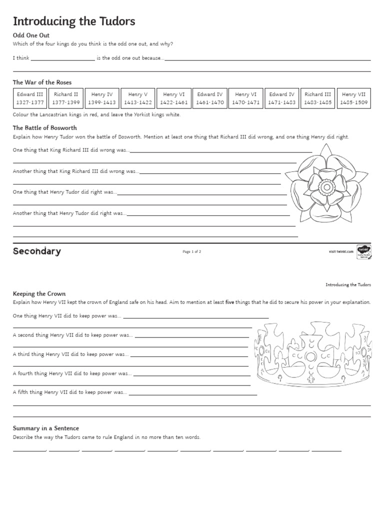 Introducing The Tudors Activity Sheet - Lower Ability | PDF