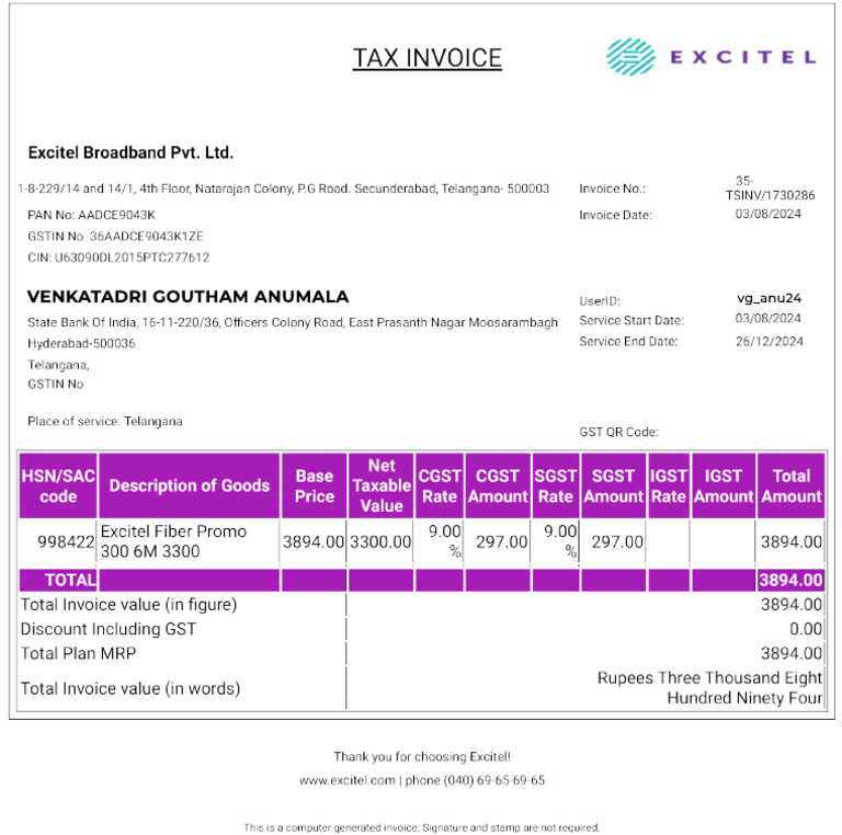 Invoice Excitel | PDF
