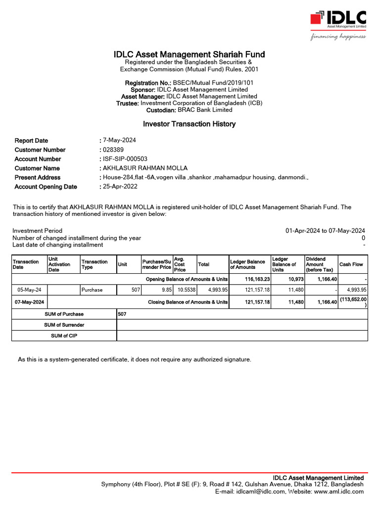 IDLC Asset Management Shariah Fund: Investor Transaction History | PDF