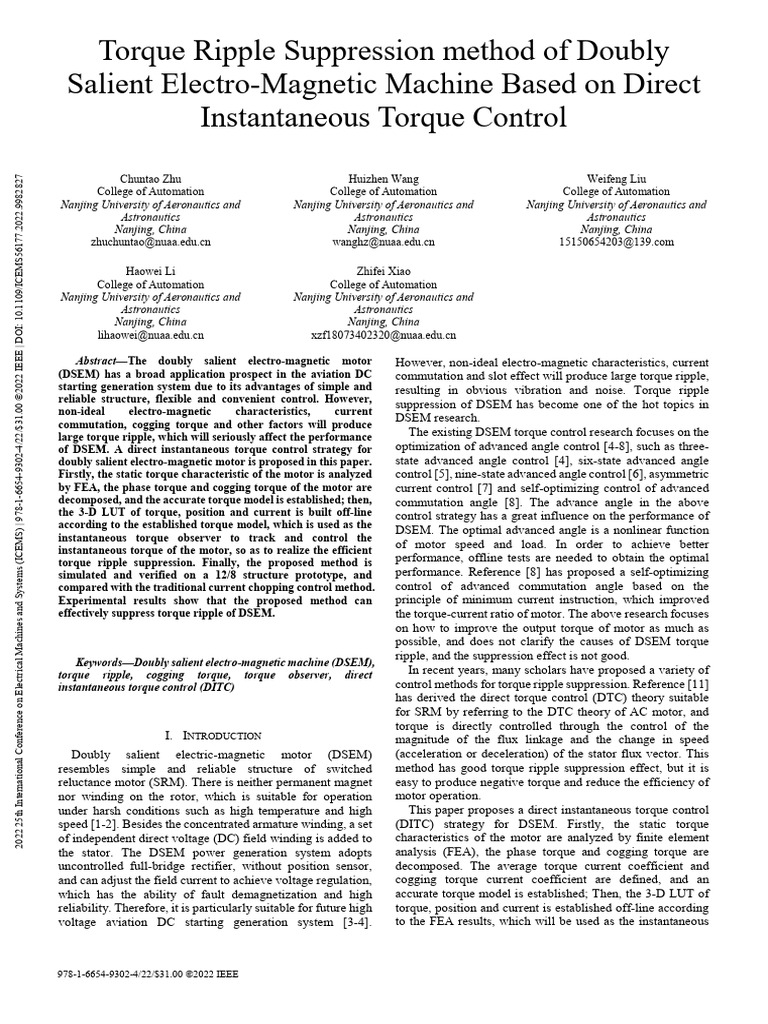 Torque Ripple Suppression Method Of Doubly Salient Electro Magnetic Machine Based On Direct