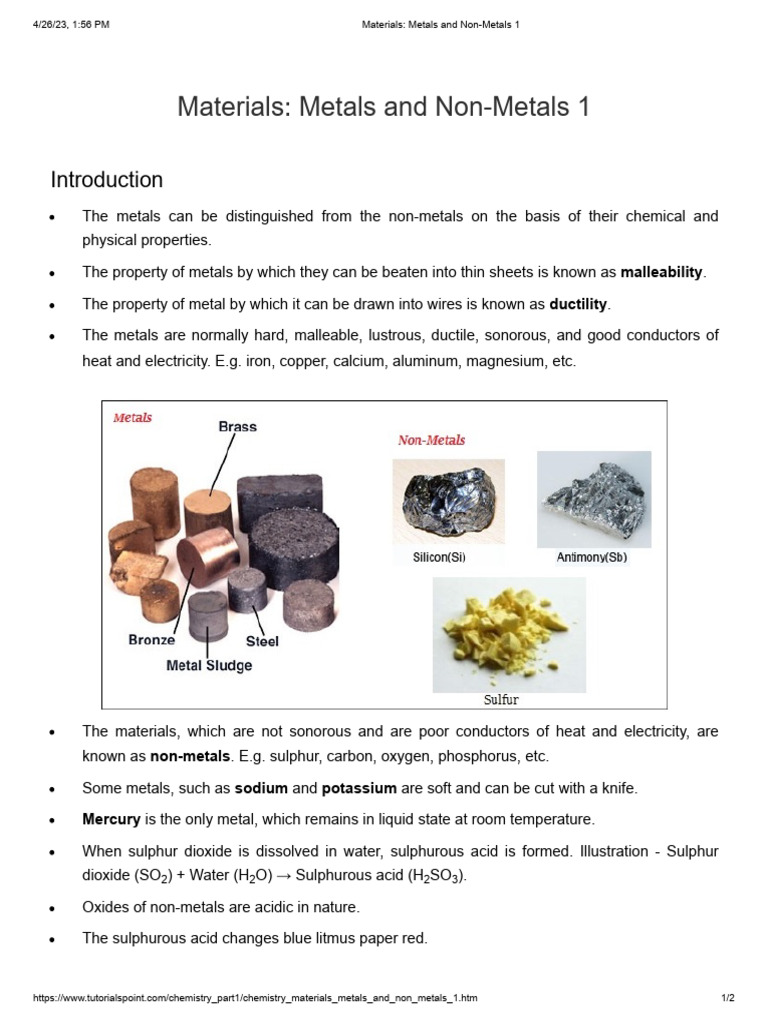 Metals vs Non-Metals: Properties & Uses | PDF | Metals | Sulfur