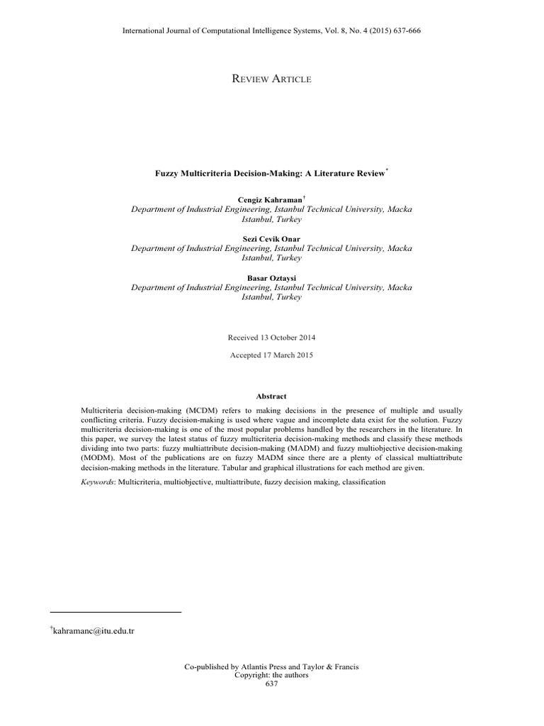 Fuzzy Multicriteria Decision-Making: A Literature Review | PDF