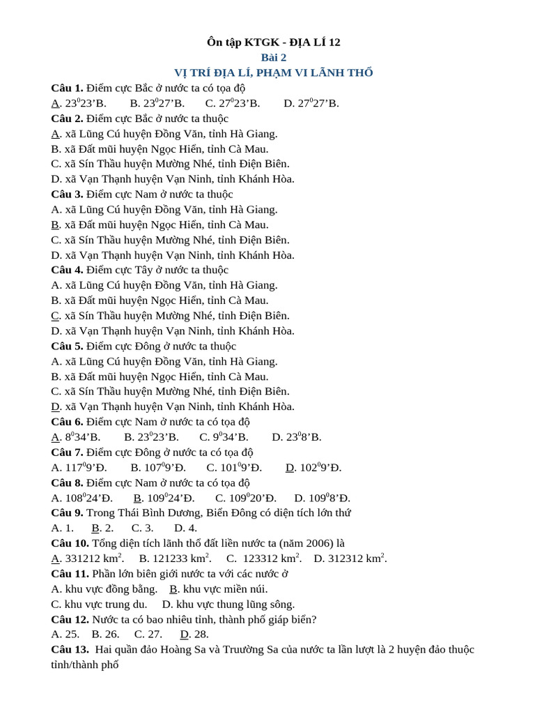 Ôn Tập GKI Bài 2-6-7-8-9- Địa Lí 12-Cô Thảo | PDF
