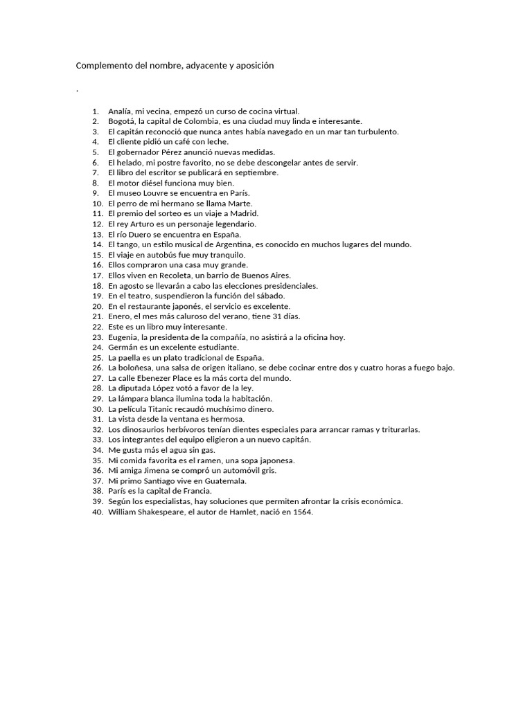 Complemento Del Nombre - Ejercicios | PDF