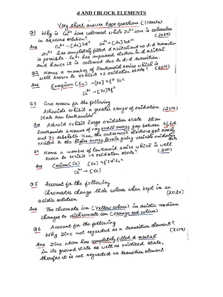 D and F Block Elements Pyq 2013-23 | PDF