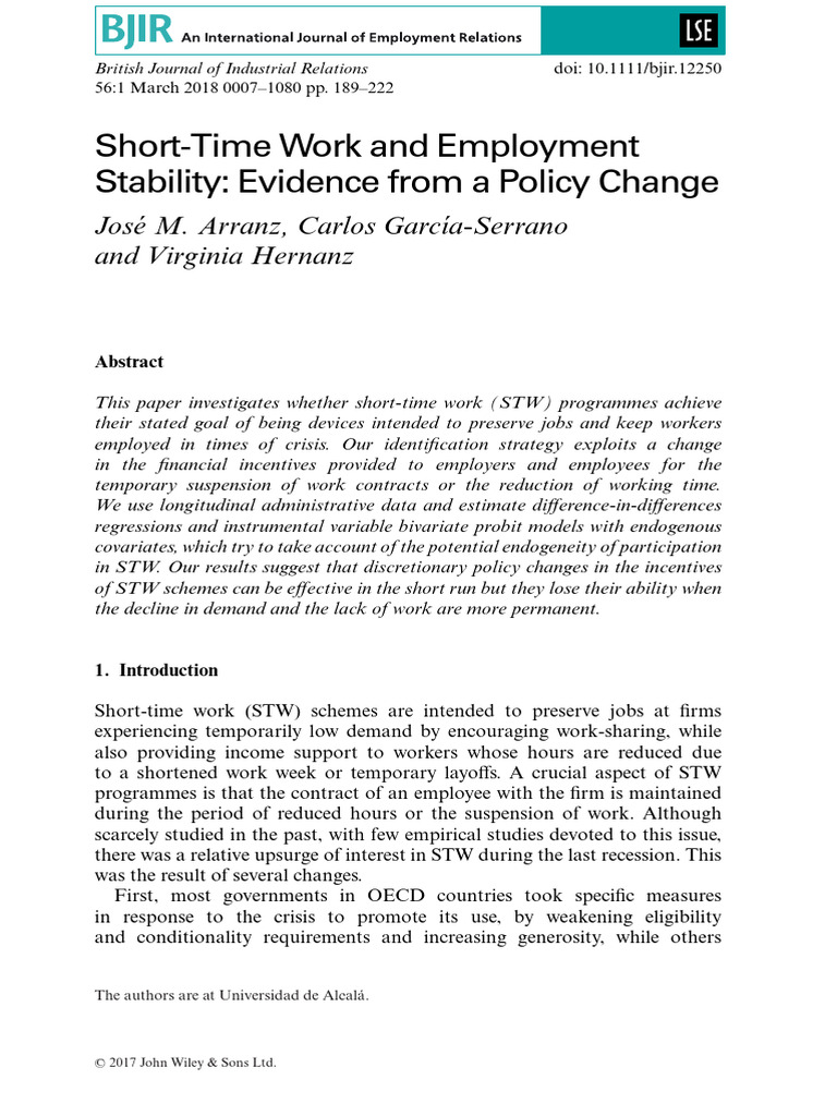 Short-Time Work and Employment Stability Evidence From A Policy Change ...