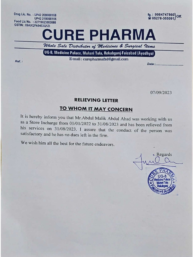 Cure Pharma Relieving Letter | PDF