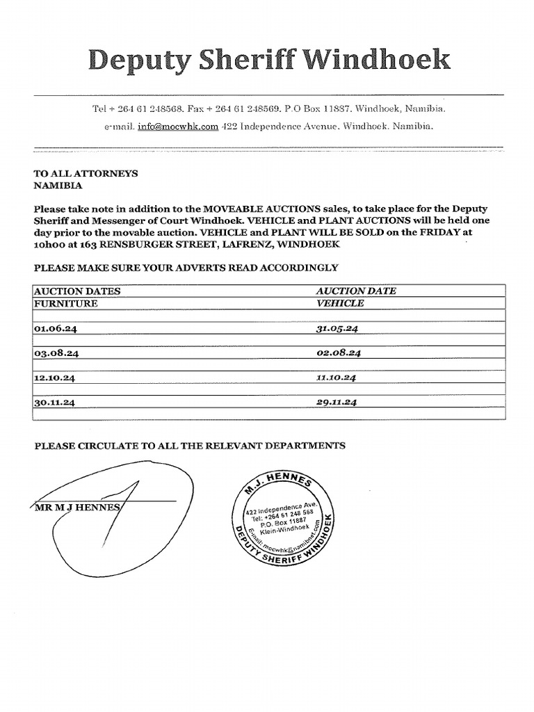 Deputy Sheriff Windhoek Auction | PDF