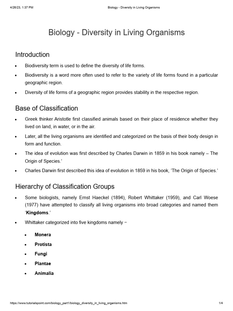 Biology - Diversity in Living Organisms | PDF | Biology | Organisms