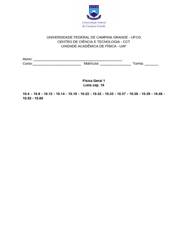 Lista Cap 10 - FG1 | PDF