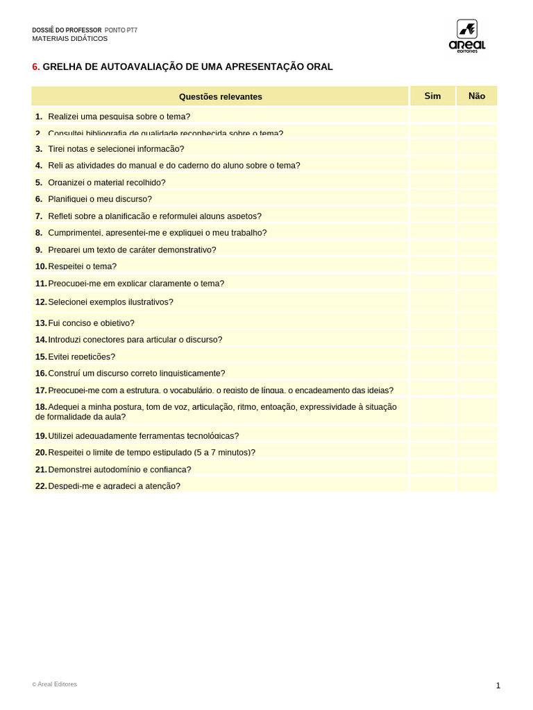 Ae Ppt7 Grelha 6 Autoaval Aluno | PDF