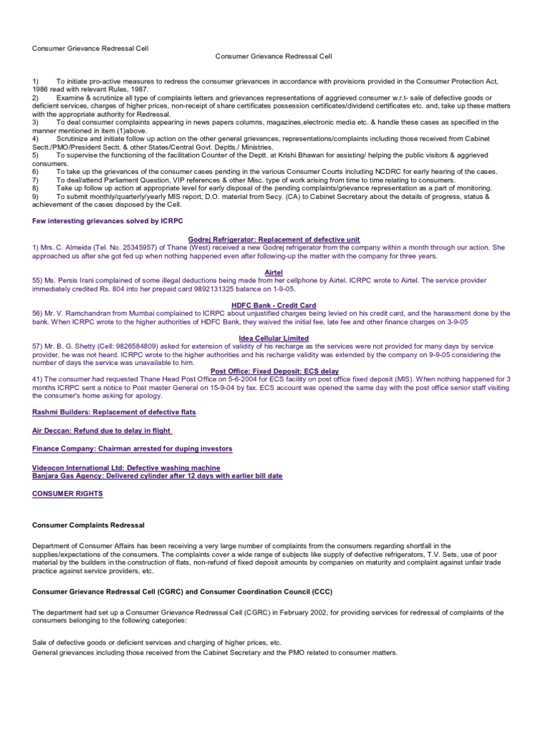 Resolving Consumer Grievances: The Role of the Consumer Grievance ...