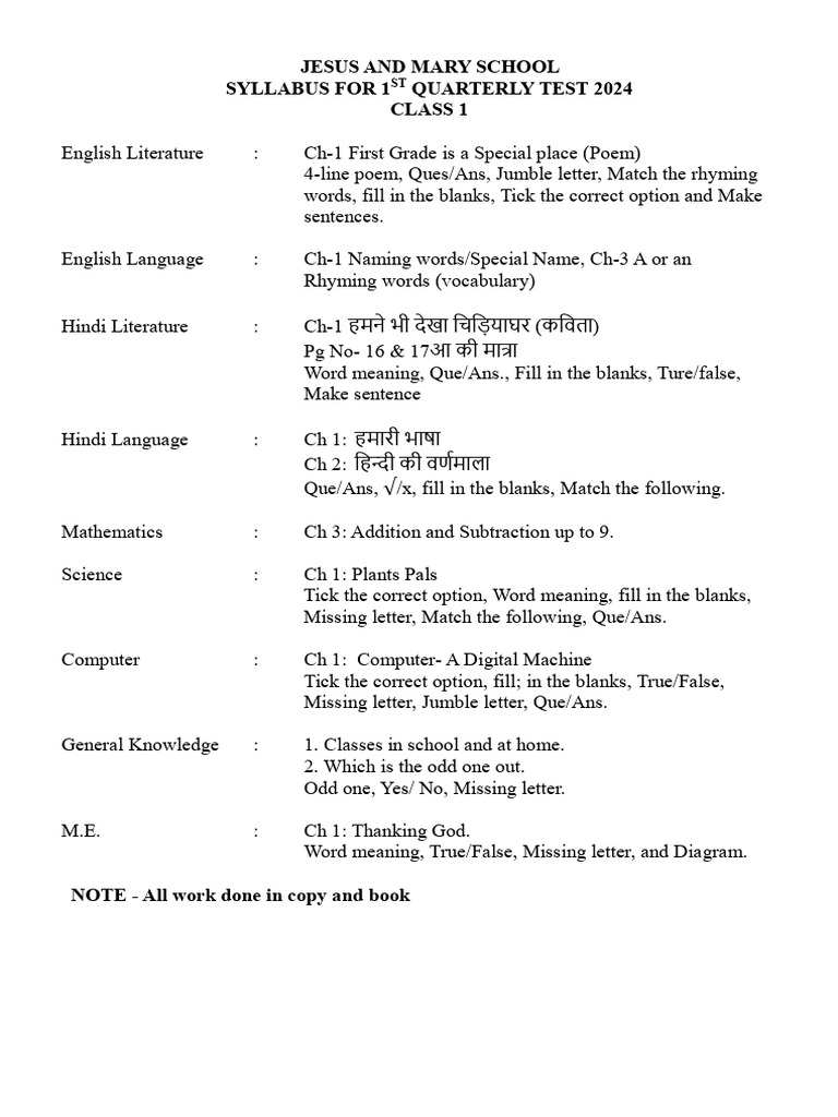 Syllabus Class 1 | PDF