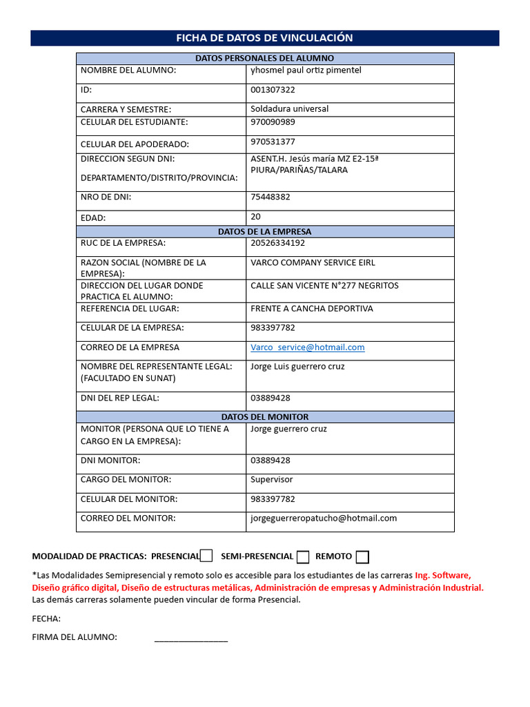 Ficha de Datos para Vinculacion 2024 Ortiz Pimentel | PDF