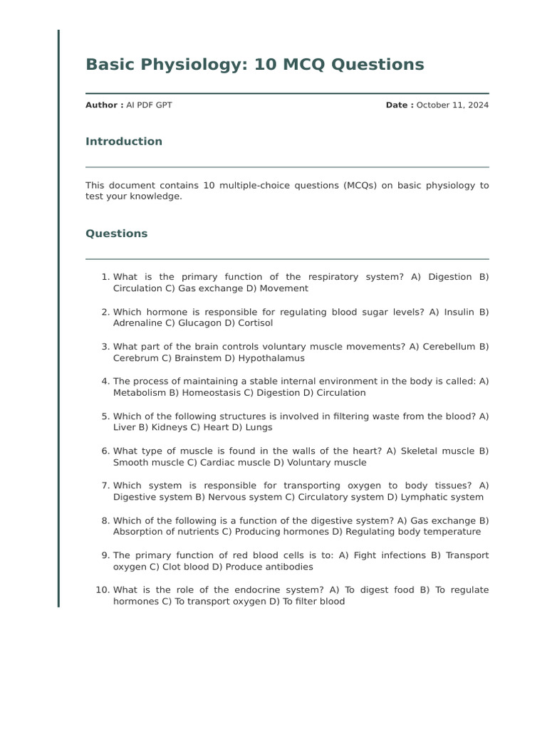 Physiology MCQ | PDF