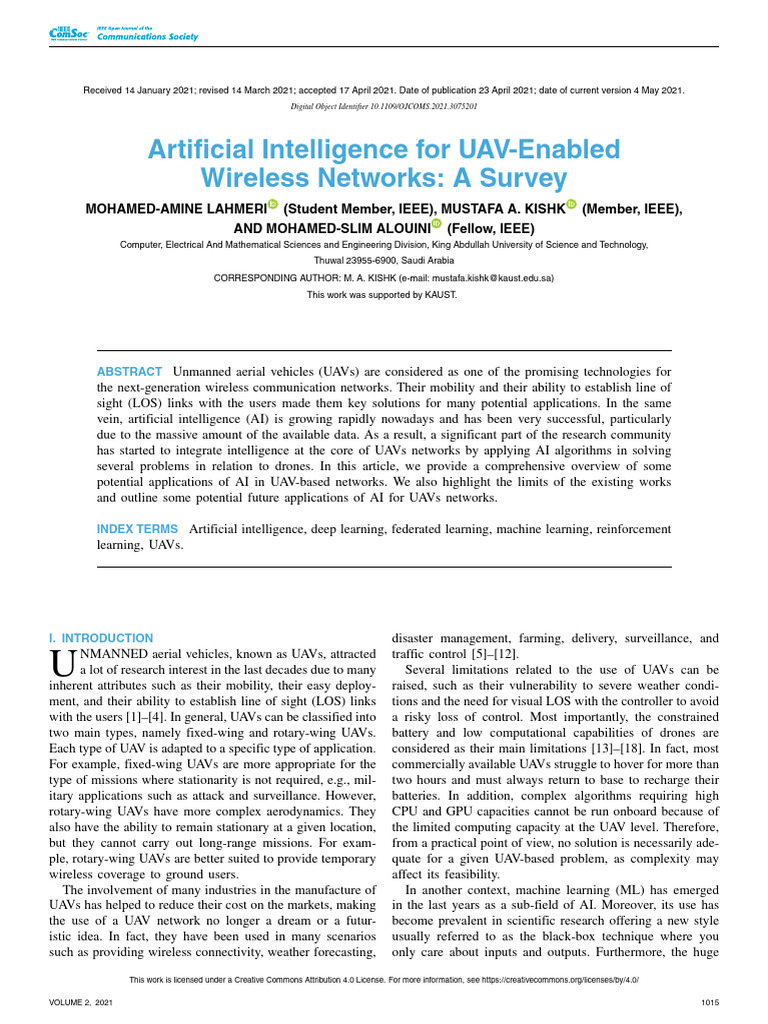Artificial Intelligence For UAV-Enabled Wireless Networks A Survey | PDF