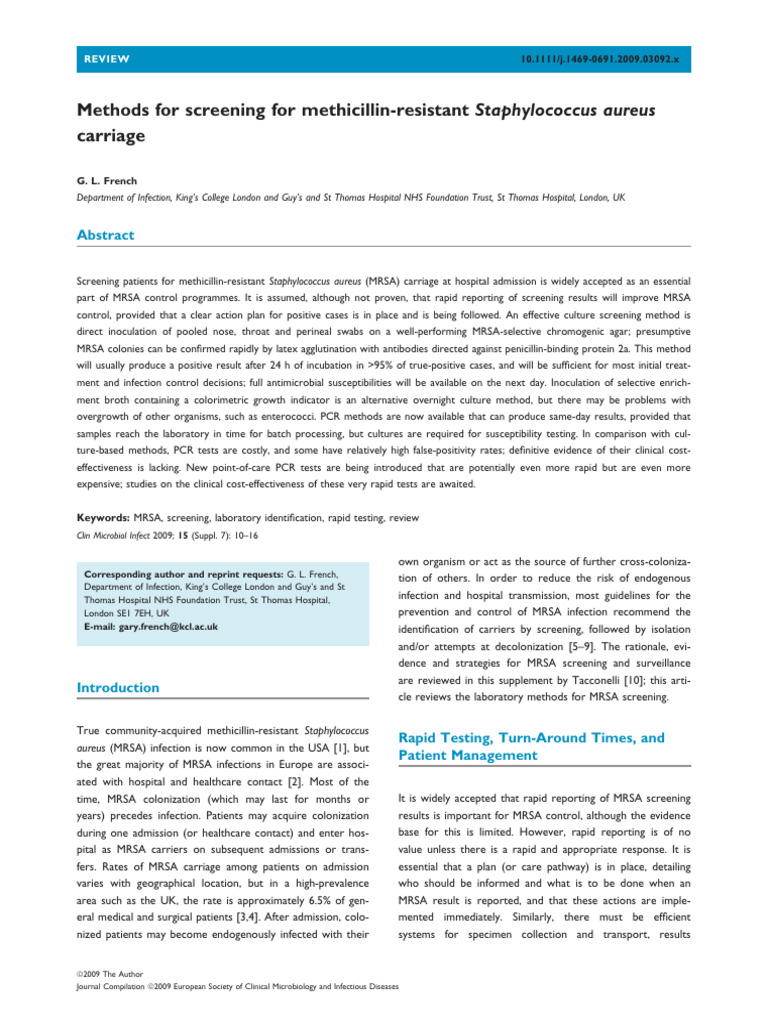 Methods For Screening For Methicillin Resistant Staphylococcus Aureus Carriage Pdf