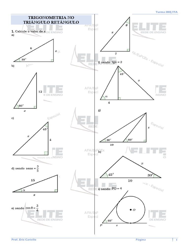 Turma IME - Lista 1 - Trigonometria No Triangulo Retangulo | PDF