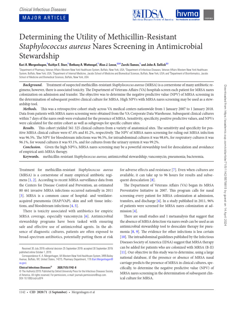 Determining The Utility of Methicillin-Resistant Staphylococcus Aureus Nares Screening in ...