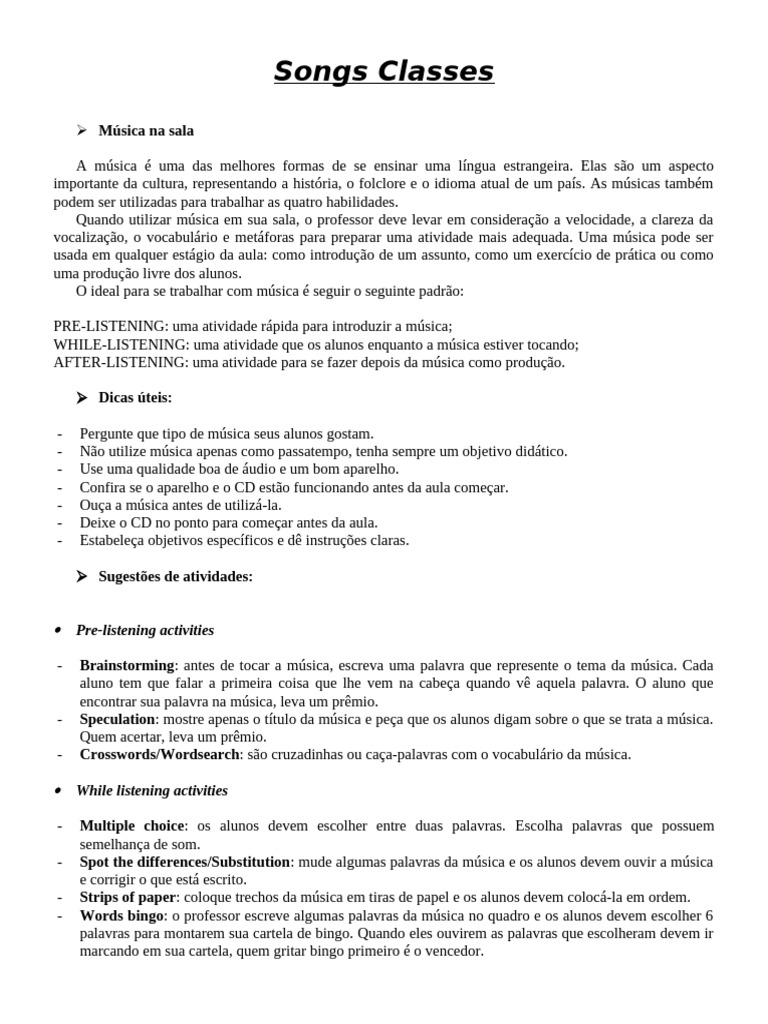 Songs Classes Activities | PDF