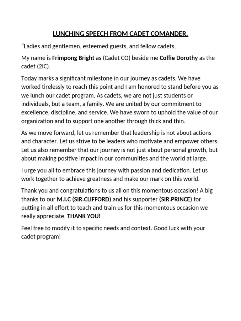 SPEECH FOR CADET_060229 | PDF