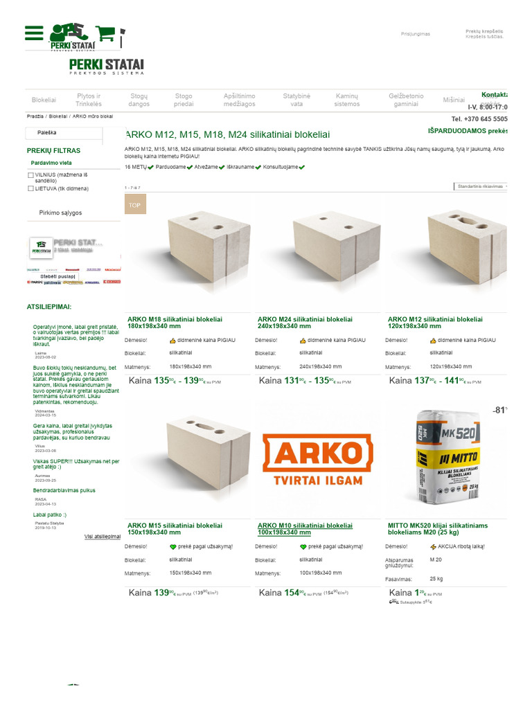 ARKO M12, M15, M18, M24 Silikatiniai Blokeliai: Kaina Kaina Kaina | PDF