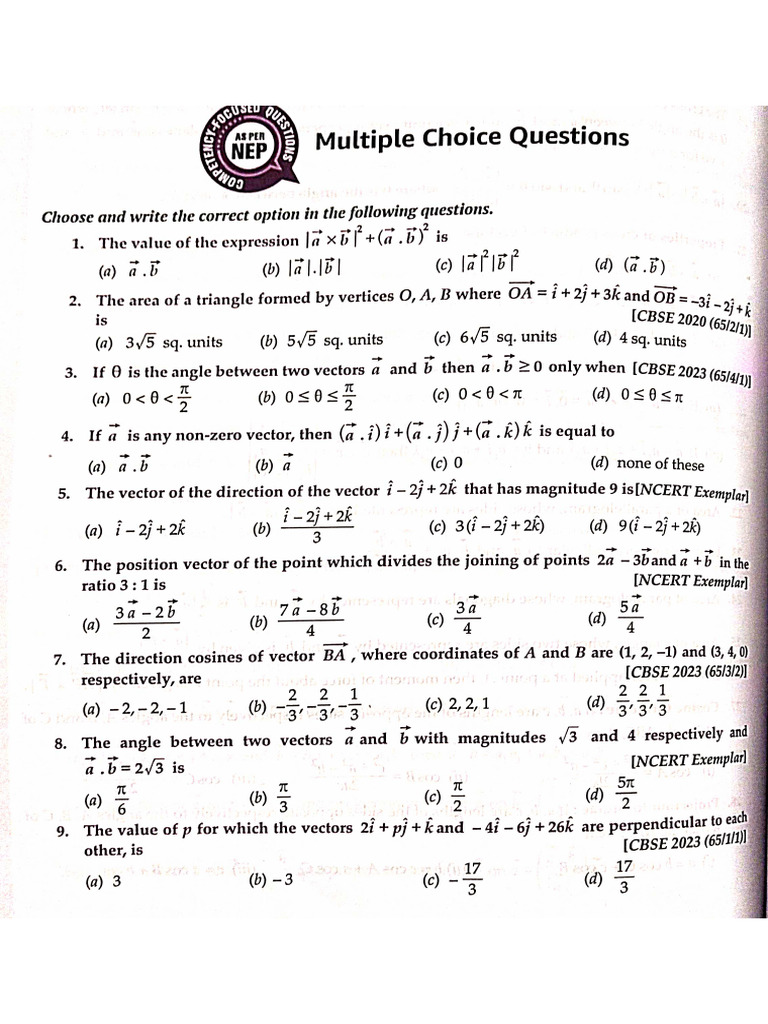 Vector Algebra MCQ Class XII | PDF