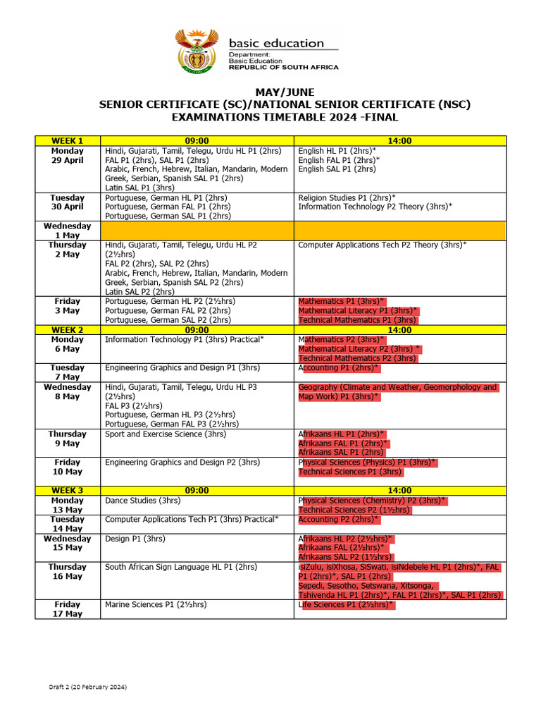 2024 Senior Certificate Exam Timetable | PDF | Languages | Foreign ...